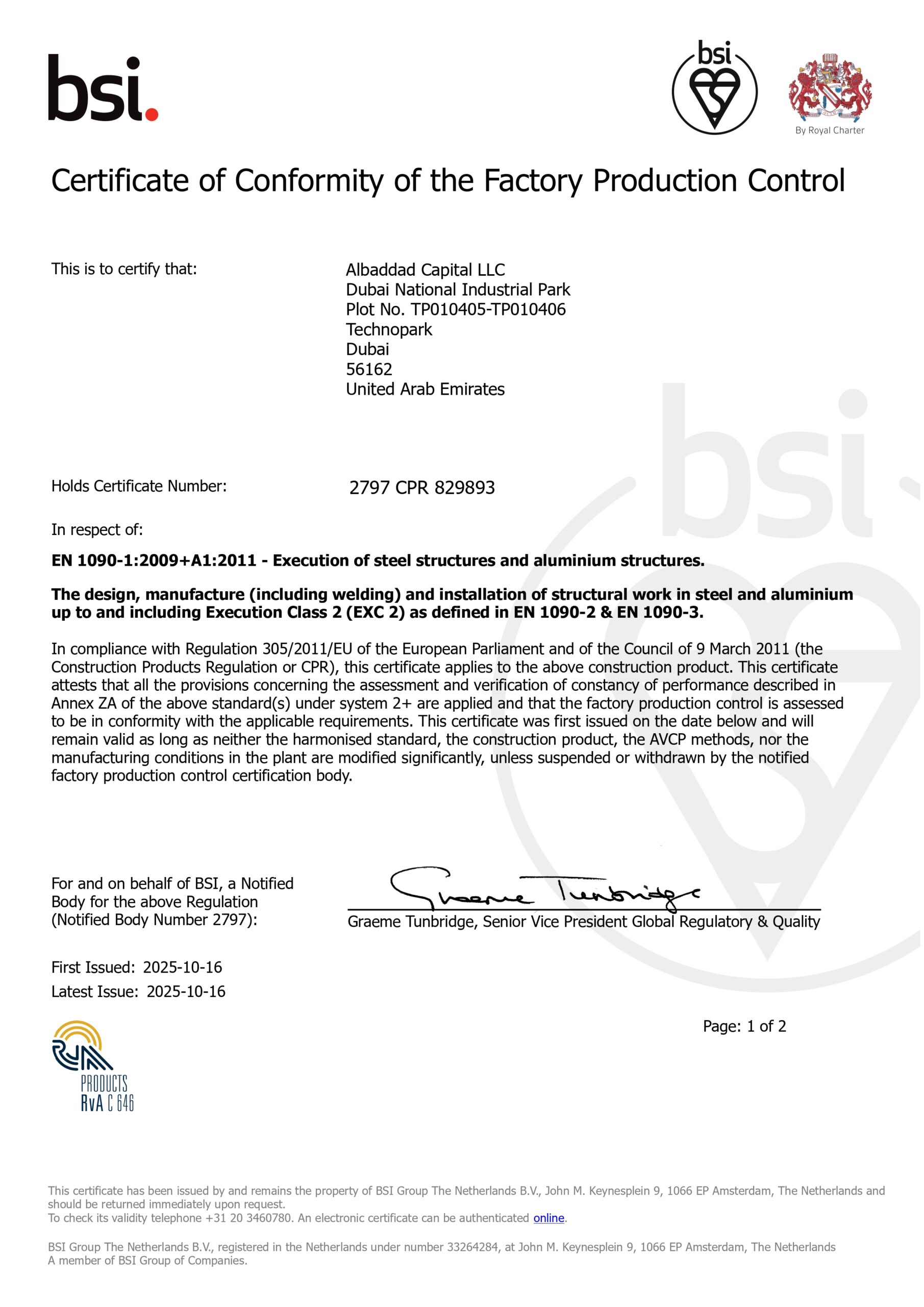 Certificate of Conformity of the Factory Production Control - Albaddad